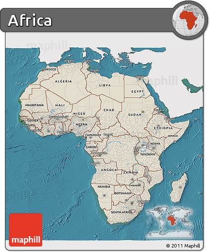Free Shaded Relief 3D Map of Africa, single color outside, satellite sea