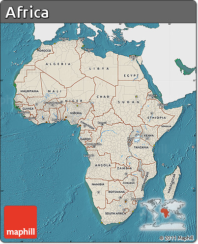 Free Shaded Relief Map of Africa, single color outside, satellite sea