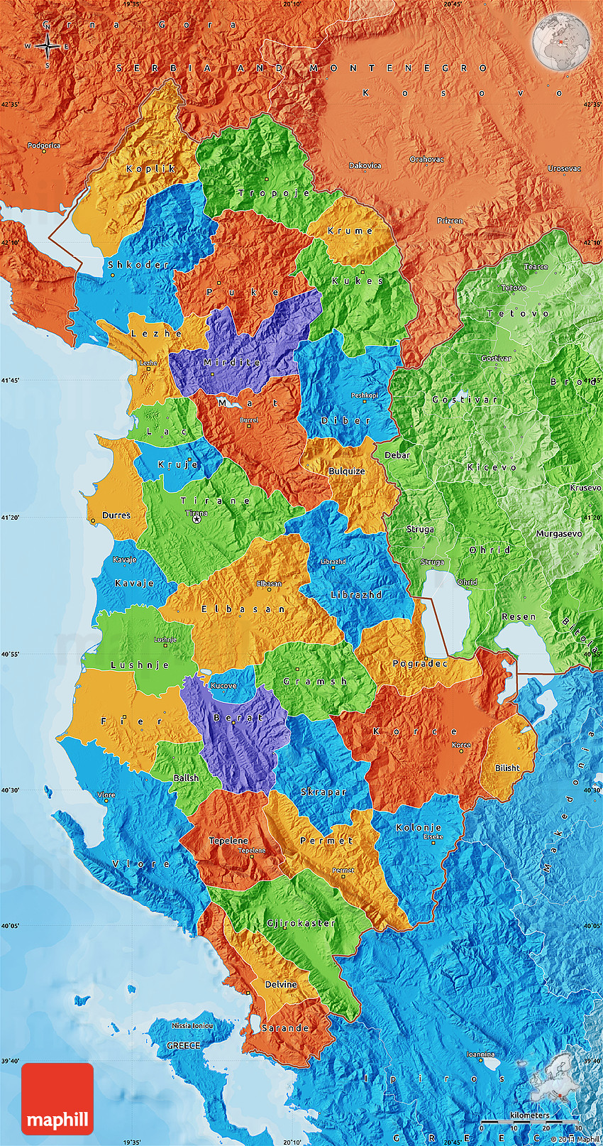 Political Map of Albania, political shades outside