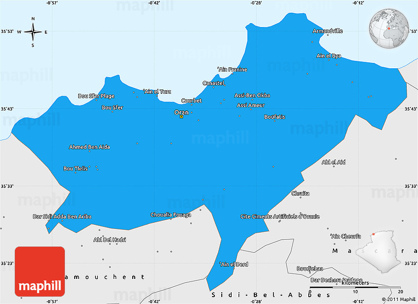 Political Simple Map of Oran, single color outside, borders and labels