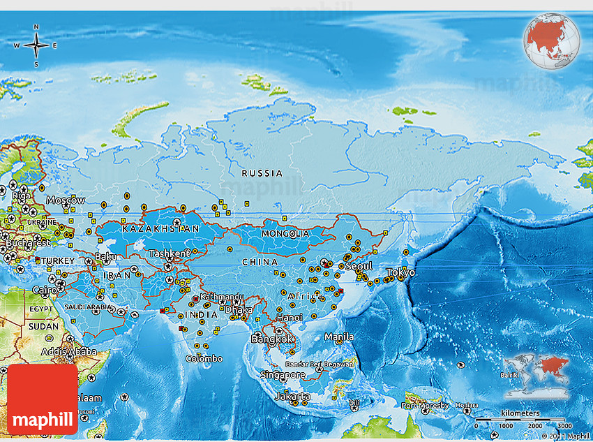 Political Shades 3D Map of Asia, physical outside