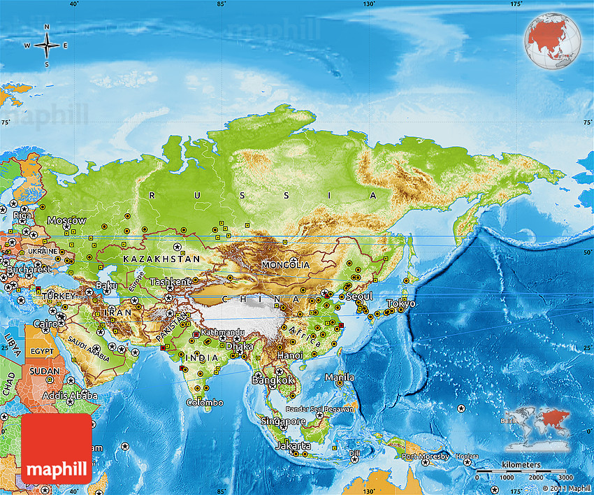 Physical Map of Asia, political outside, shaded relief sea