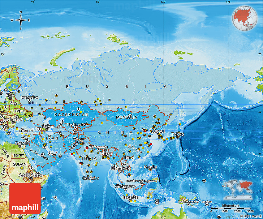 Political Shades Map of Asia, physical outside
