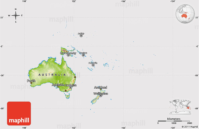 Physical Map of Australia and Oceania, cropped outside