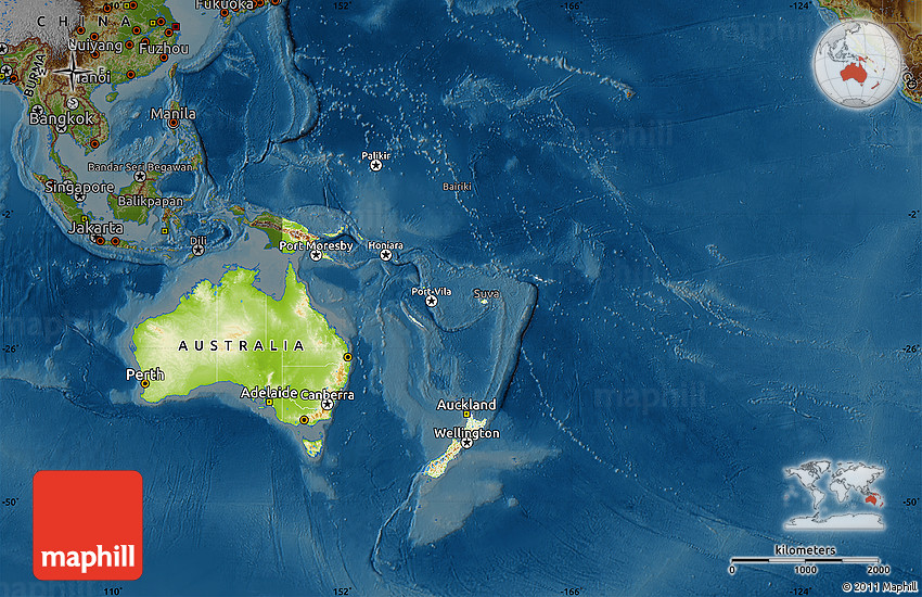 Physical Map of Australia and Oceania, darken