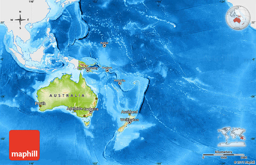 Physical Map of Australia and Oceania, single color outside, bathymetry sea