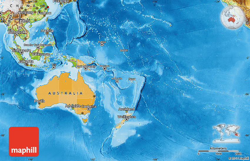 Political Map of Australia and Oceania, physical outside
