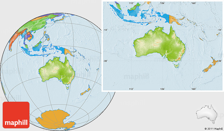 Physical Location Map of Australia, political outside