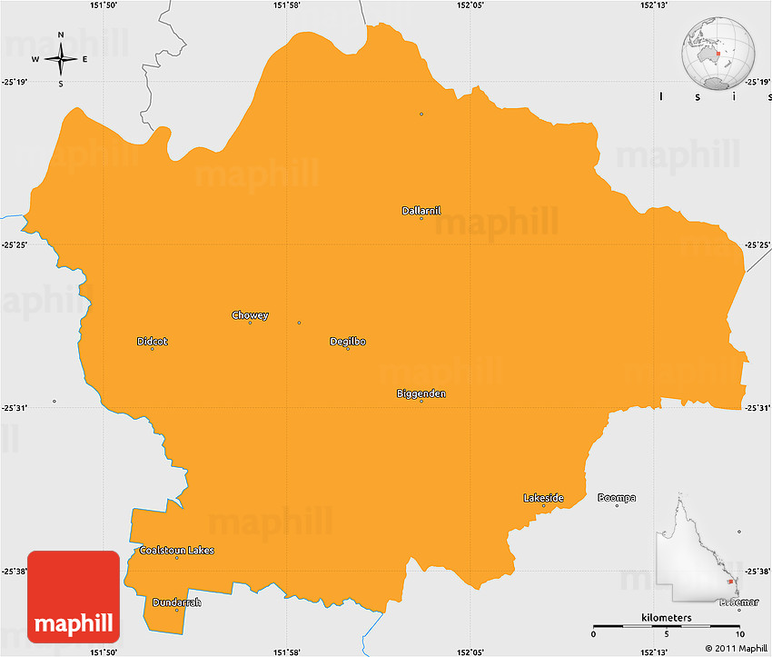 Political Simple Map of Biggenden, single color outside, borders and labels