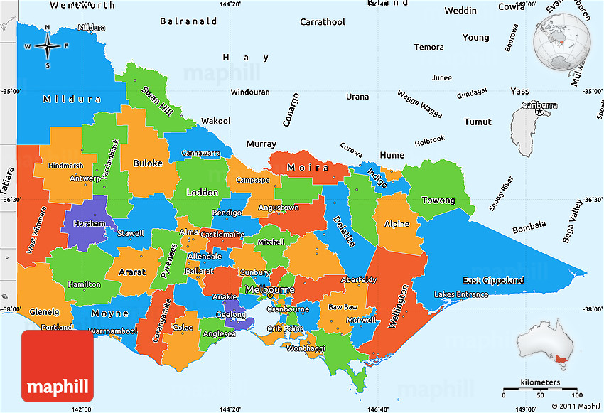 Political Simple Map of Victoria, single color outside, borders and labels
