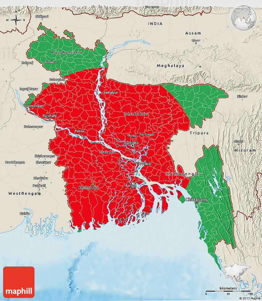 Flag 3D Map of Bangladesh, shaded relief outside, flag centered