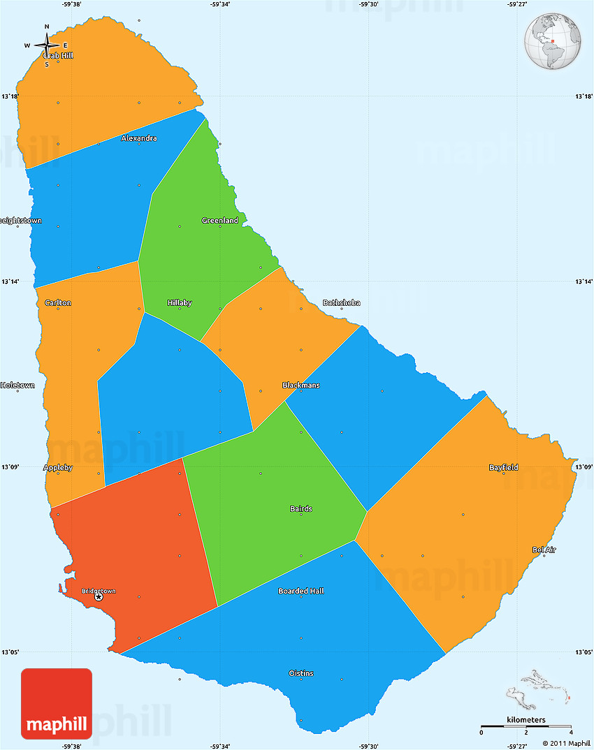Political Simple Map of Barbados, single color outside, borders and labels