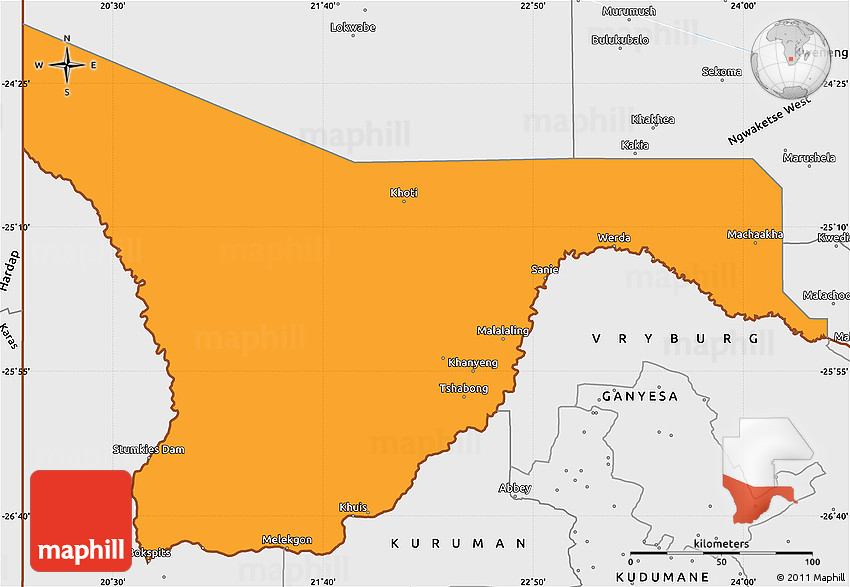 Political Simple Map of Tsabong, single color outside, borders and labels