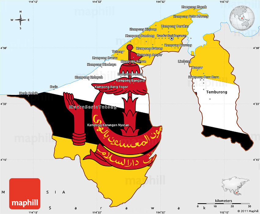 Flag Simple Map of Brunei, single color outside, borders and labels, flag centered
