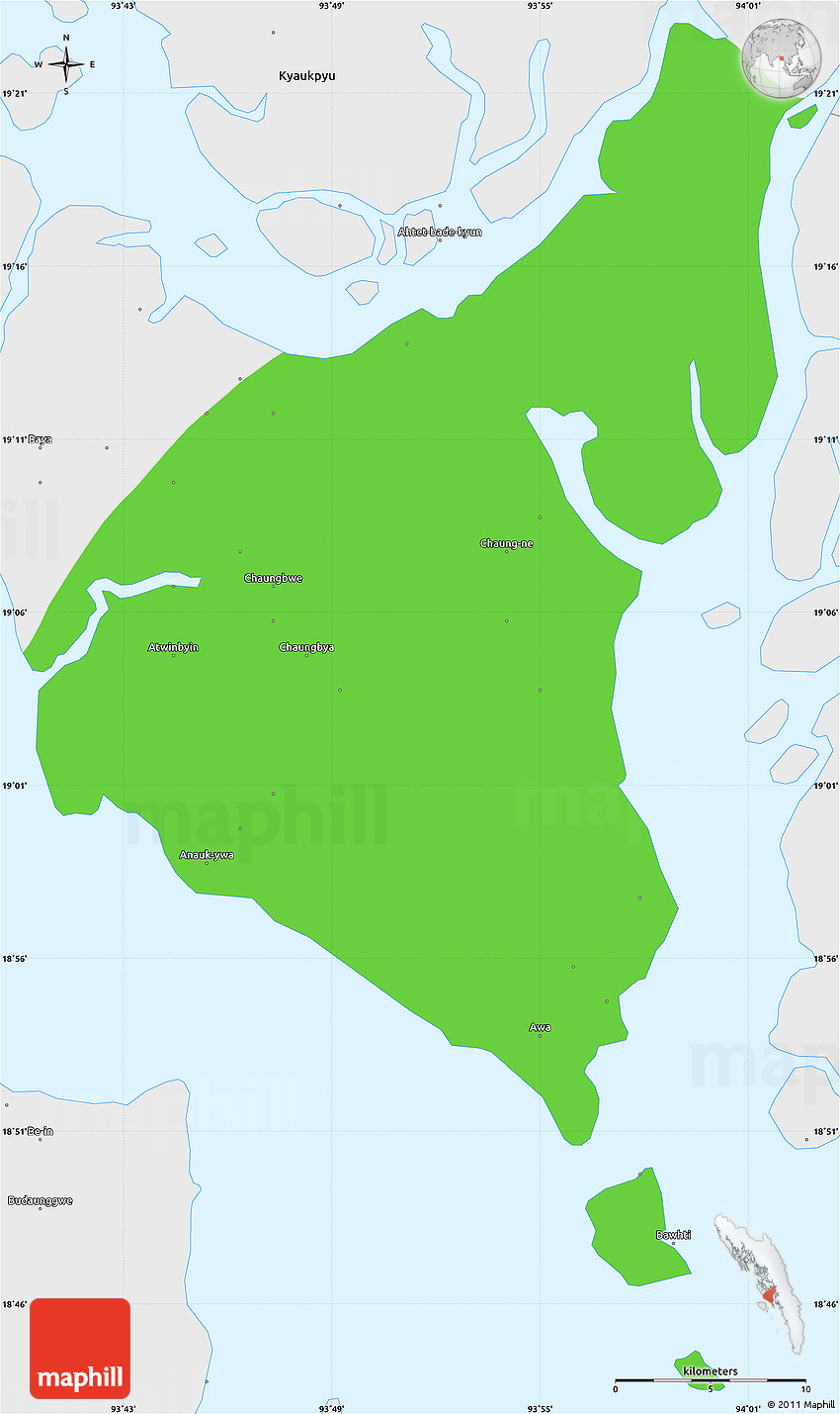 Political Simple Map of Ramree, single color outside, borders and labels