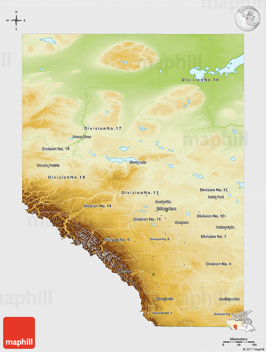 Physical 3D Map of Alberta, single color outside