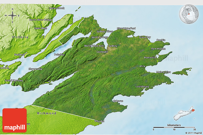 Satellite 3D Map of Cape Breton, physical outside