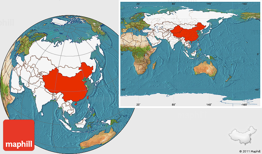 Satellite Location Map of China, highlighted continent, within the ...
