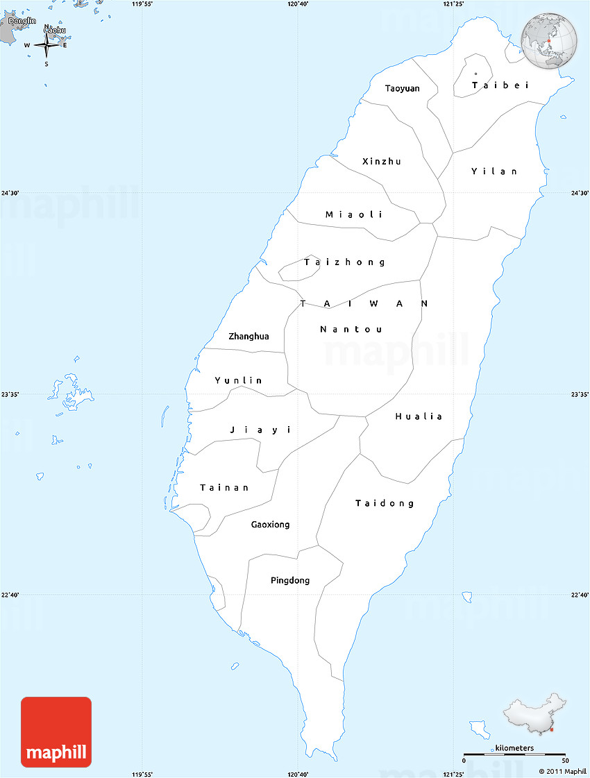Gray Simple Map of Taiwan