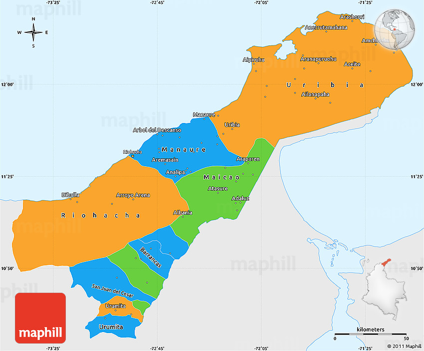 Political Simple Map of Guajira, single color outside