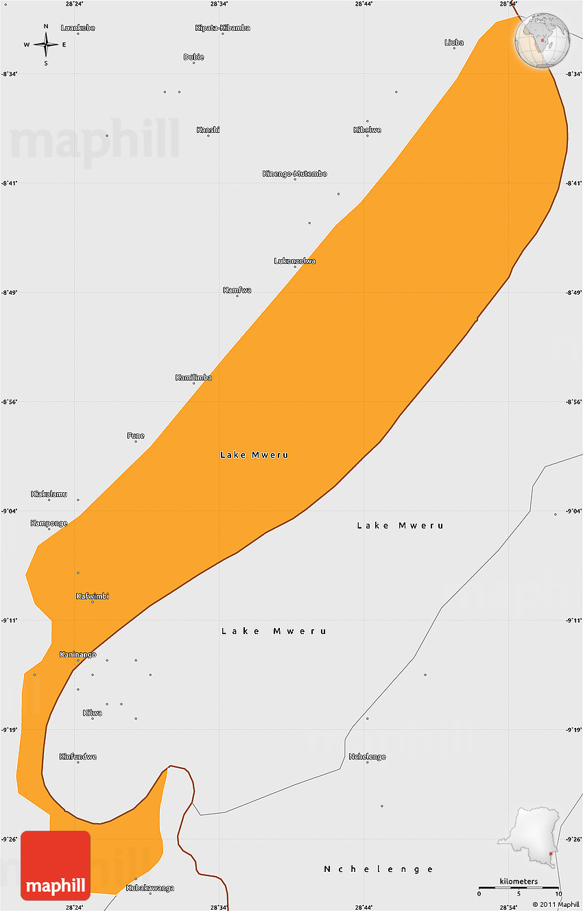 Political Simple Map of Lake Mweru, single color outside, borders and labels