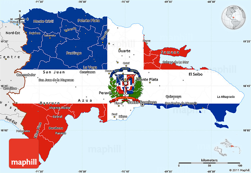 Flag Simple Map of Dominican Republic, single color outside, borders and labels, flag centered