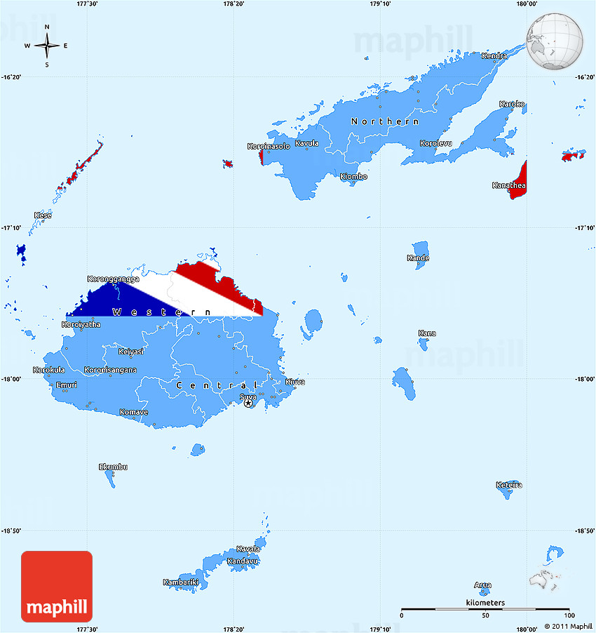 Flag Simple Map of Fiji, single color outside, borders and labels, flag centered