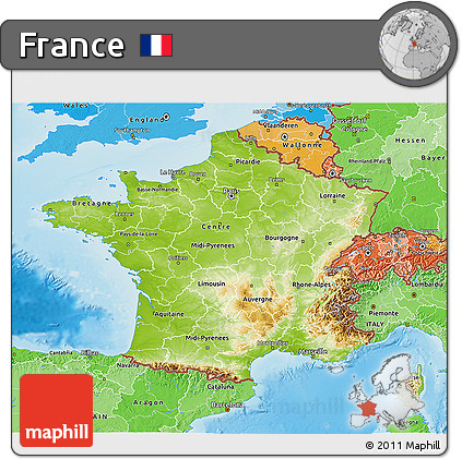 Free Physical 3D Map of France, political shades outside, shaded relief sea