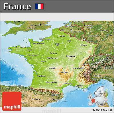 Free Physical 3D Map of France, satellite outside, shaded relief sea