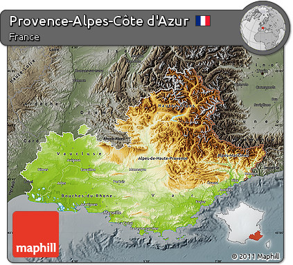 Free Physical Map of Provence-Alpes-Côte D'Azur, darken, semi-desaturated