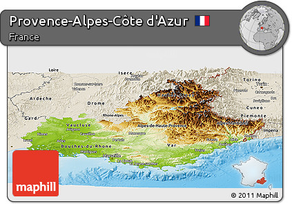 Free Physical Panoramic Map of Provence-Alpes-Côte D'Azur, shaded relief outside