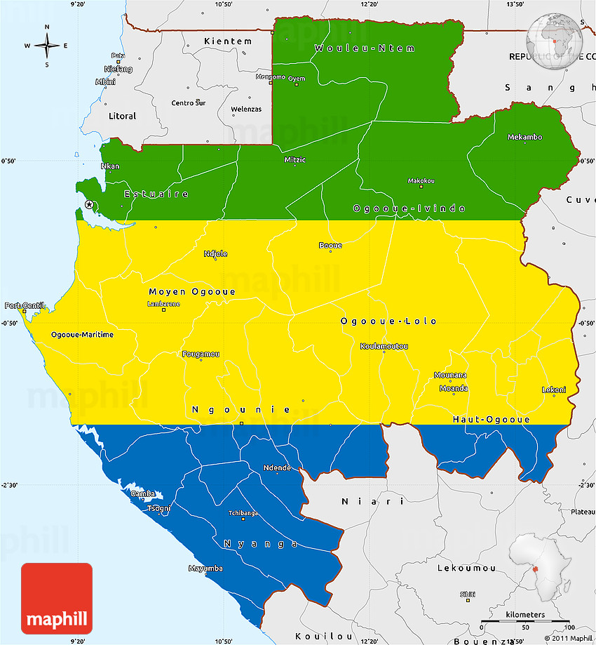 Flag Simple Map of Gabon, single color outside, borders and labels, flag centered
