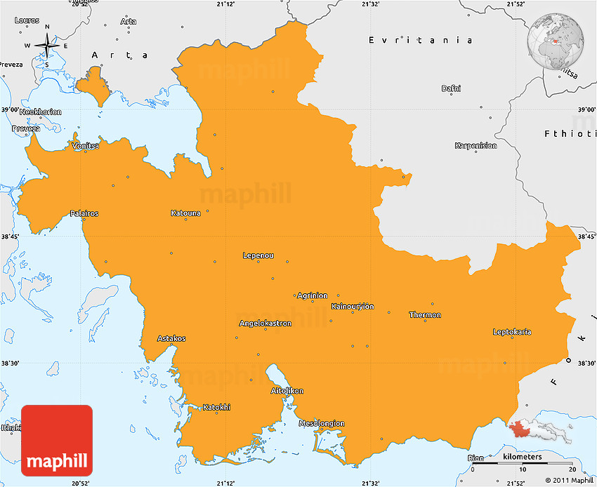 Political Simple Map of Aitolia Kai Akarnania, single color outside, borders and labels