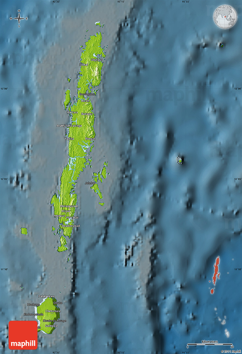 Physical Map of Andaman Islands, darken Physical Map of Andaman Islands, darken