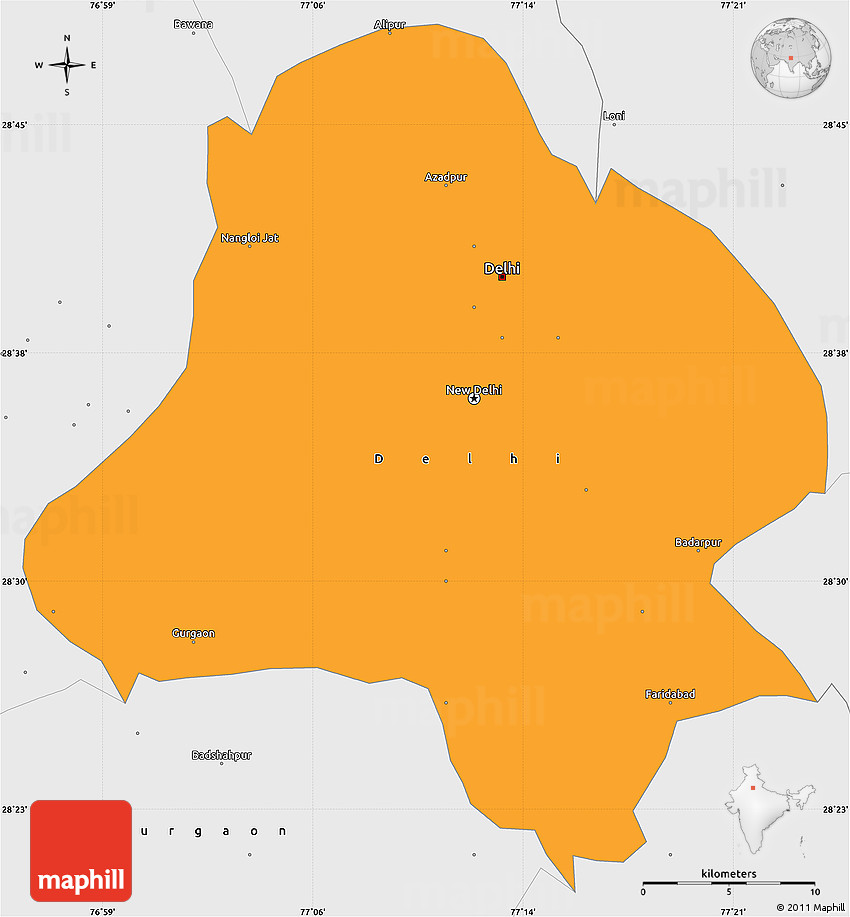 Political Simple Map of Delhi, single color outside, borders and labels