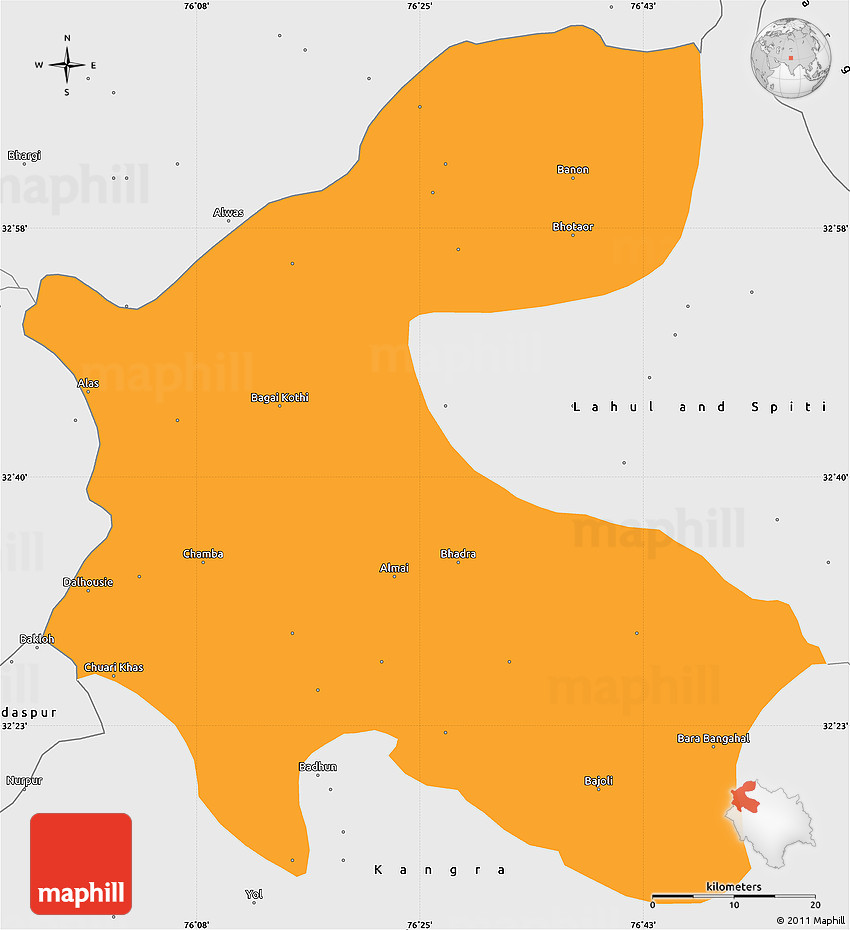 Political Simple Map of Chamba, single color outside, borders and labels