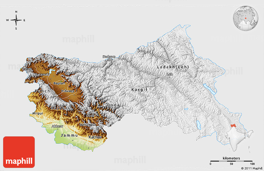 Physical 3D Map of Jammu and Kashmir, single color outside