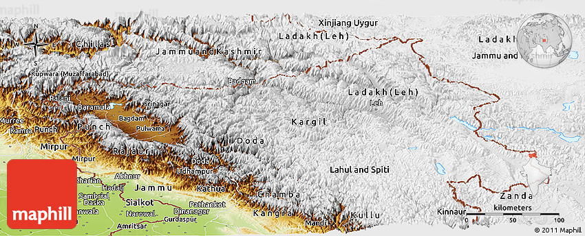 Physical Panoramic Map of Jammu and Kashmir