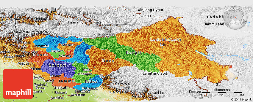 Political Panoramic Map of Jammu and Kashmir, physical outside