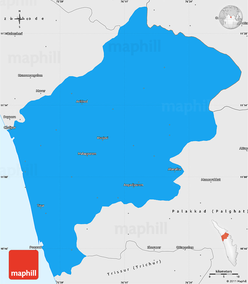 Political Simple Map of Malappuram, single color outside, borders and labels