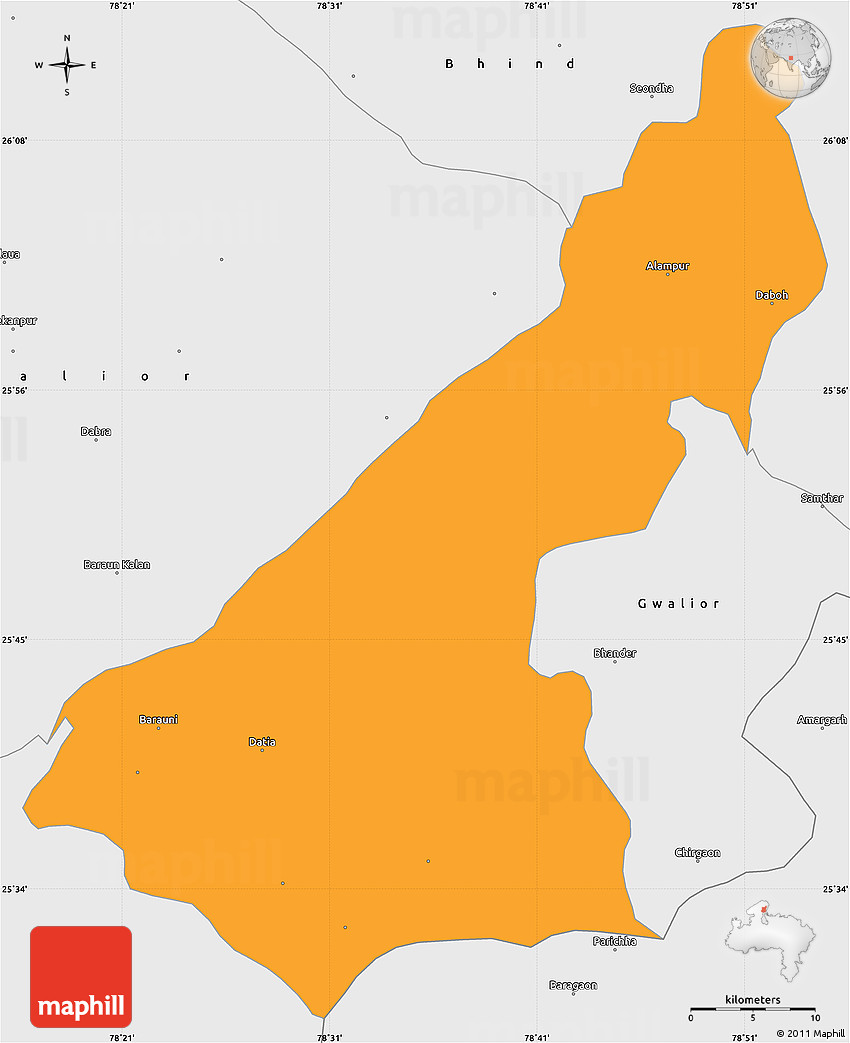 Political Simple Map of Datia, single color outside, borders and labels