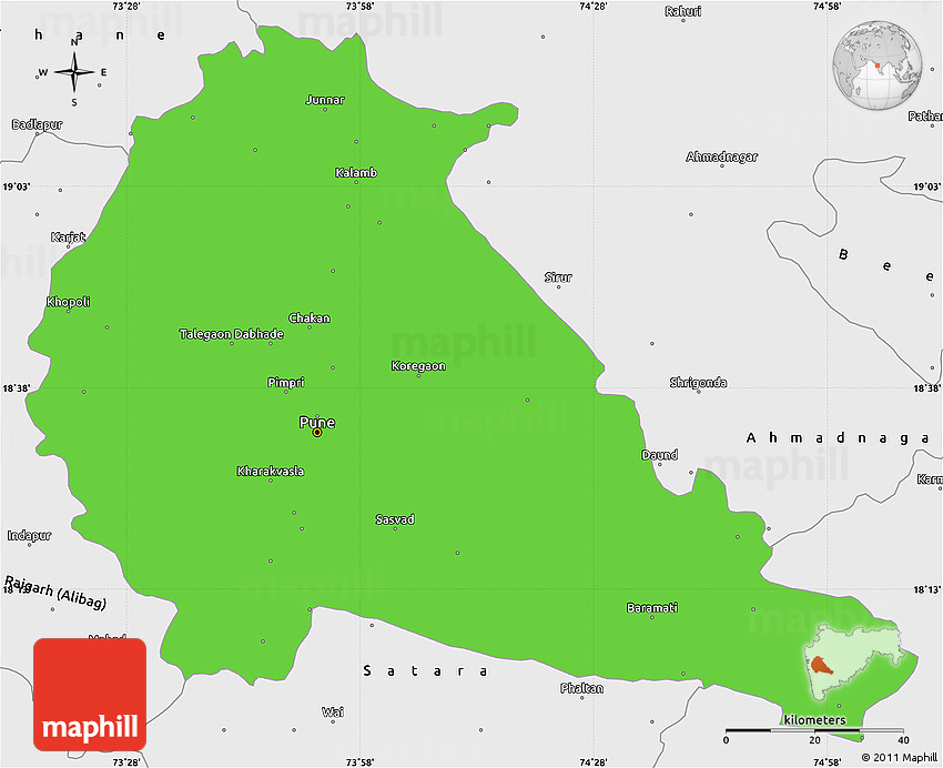 Political Simple Map of Pune, single color outside, borders and labels