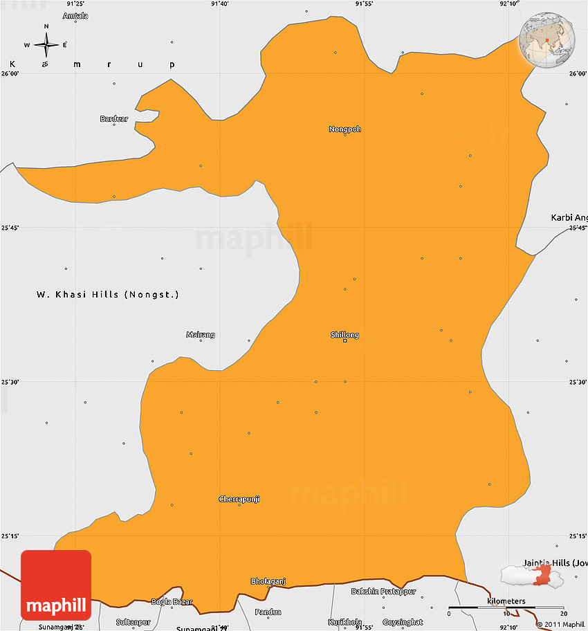 Political Simple Map of E. Khasi Hills (Shillong), single color outside, borders and labels