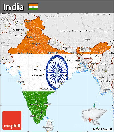 Free Flag Simple Map of India, single color outside, borders and labels