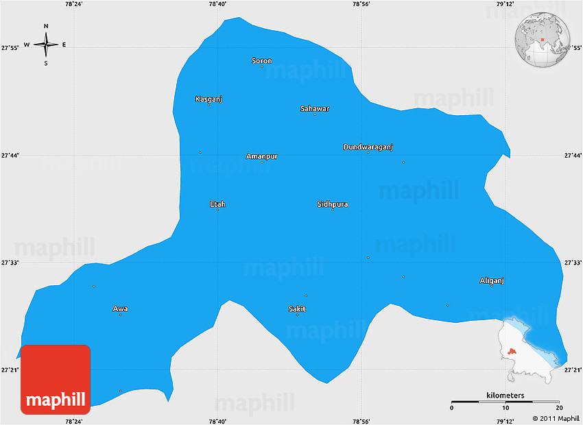 Political Simple Map of Etah, single color outside