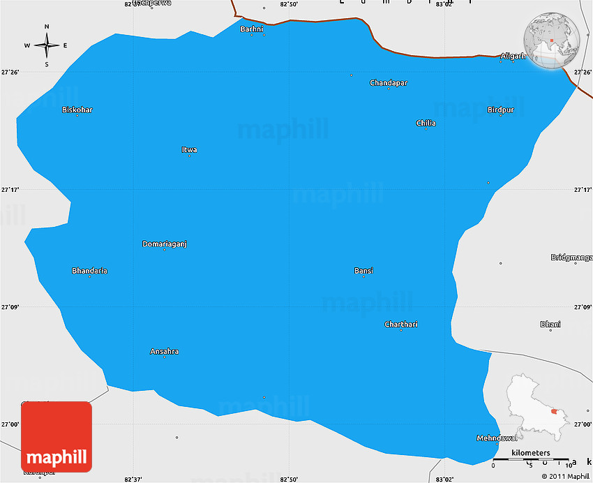 Political Simple Map of Siddharthnagar, single color outside, borders and labels