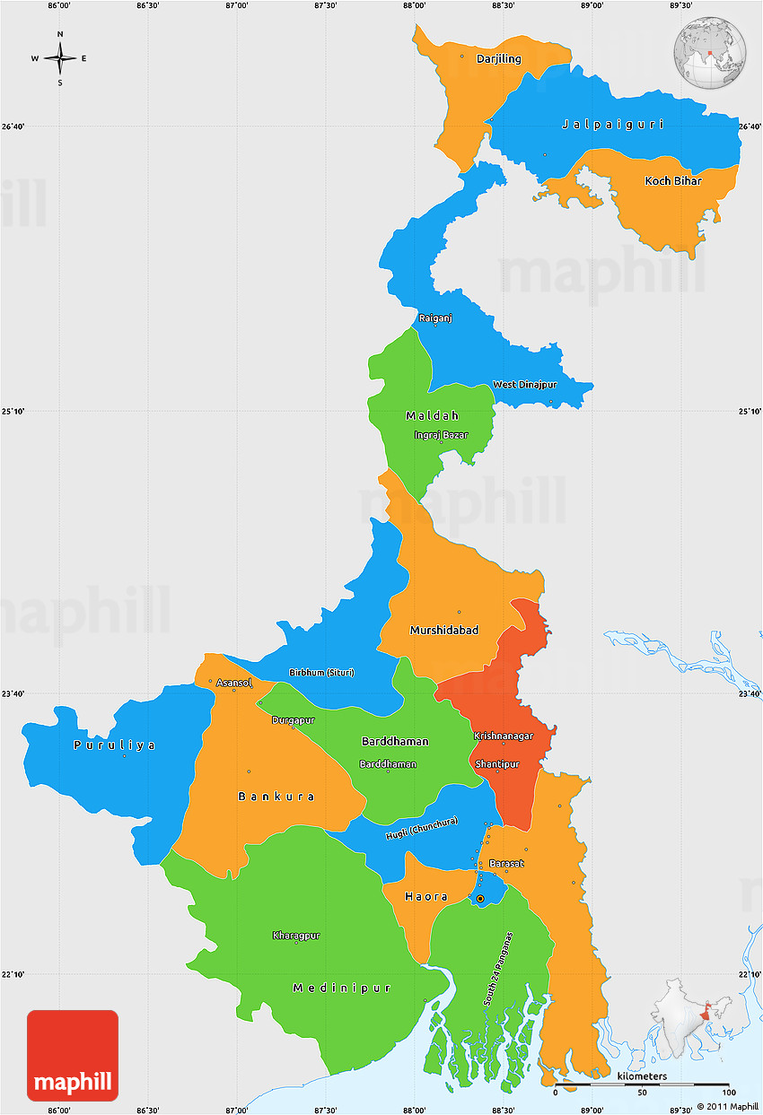 Political Simple Map of West Bengal, single color outside