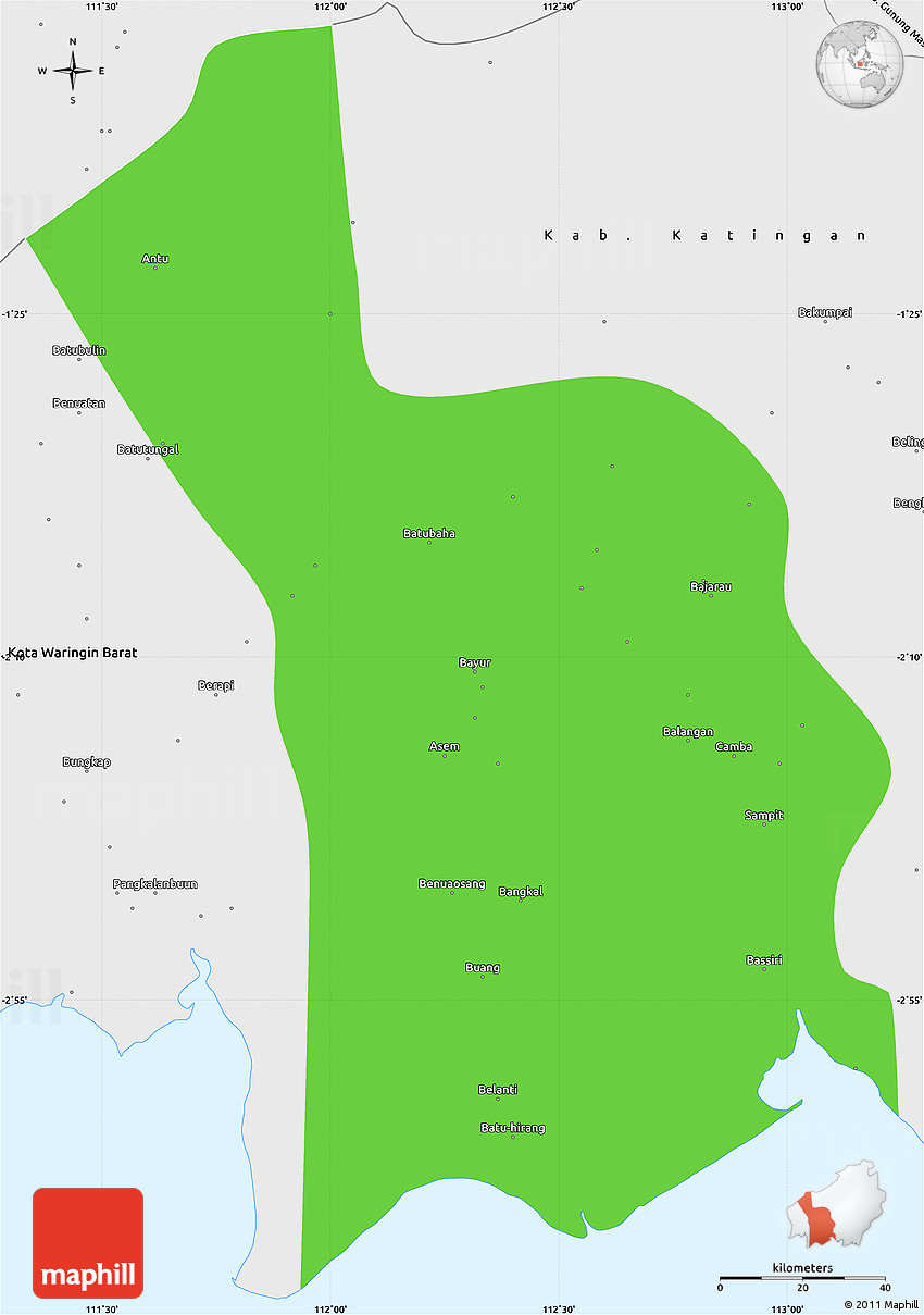 Political Simple Map of Kab. Kota Waringin Timur, single color outside, borders and labels