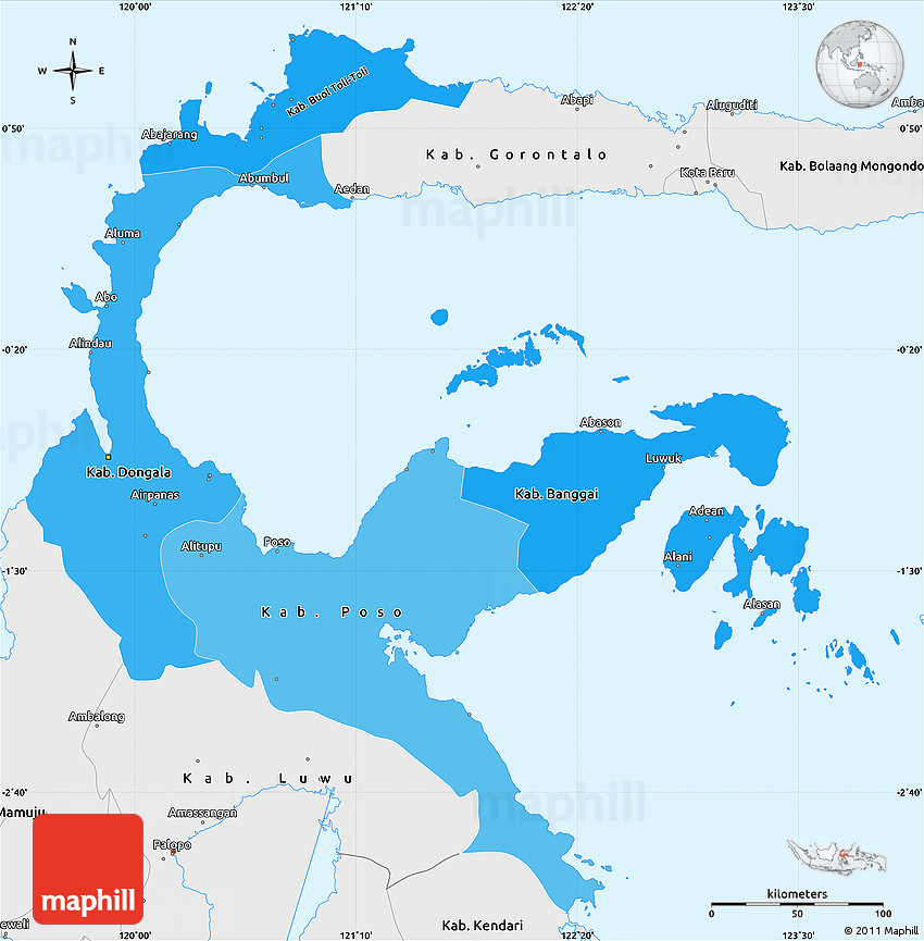 Political Shades Simple Map of Central Sulawesi, single color outside, borders and labels