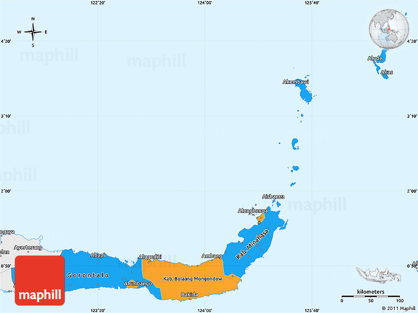 Political Simple Map of North Sulawesi, single color outside, borders and labels